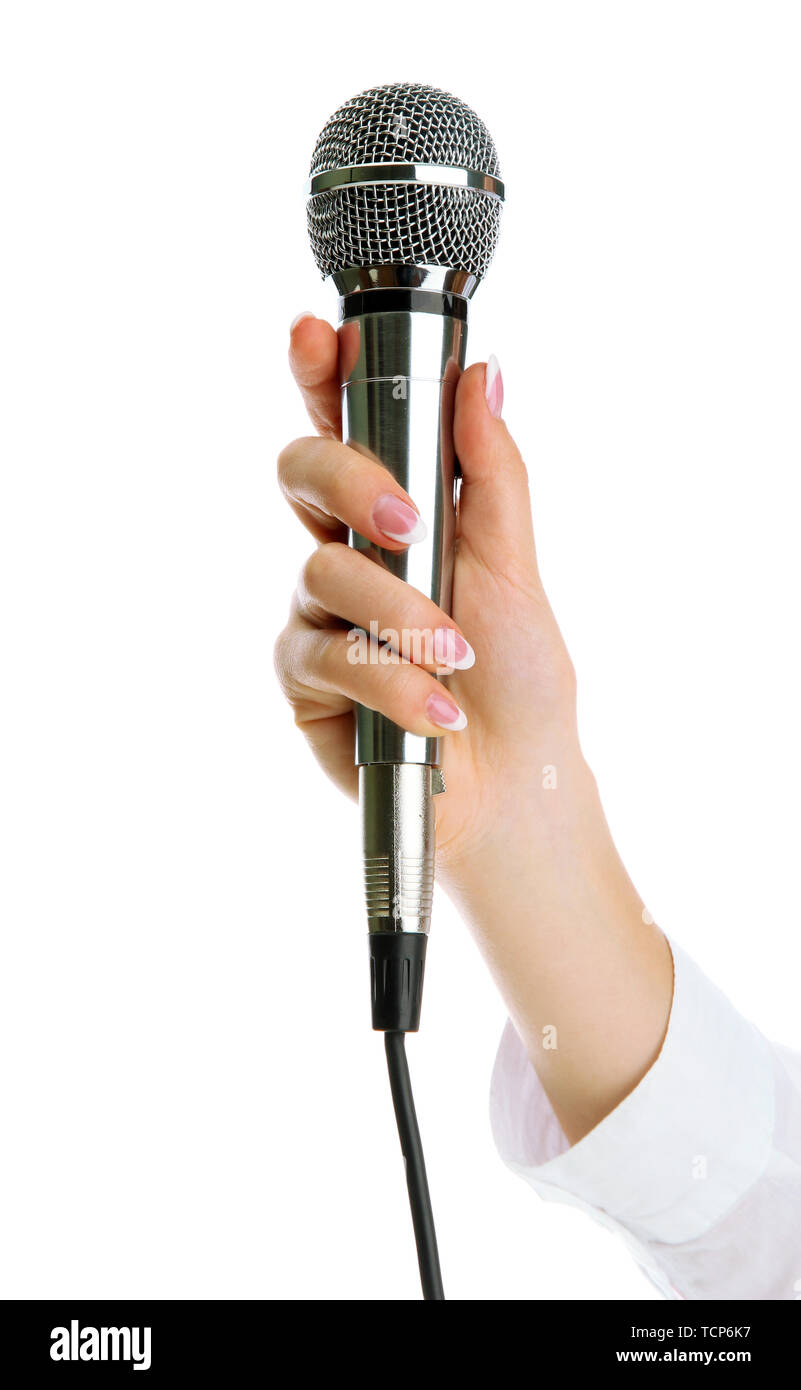 female hand with microphone isolated on white Stock Photo - Alamy