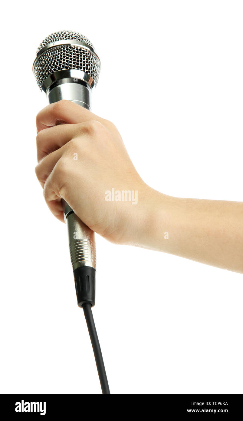 female hand with microphone isolated on white Stock Photo - Alamy