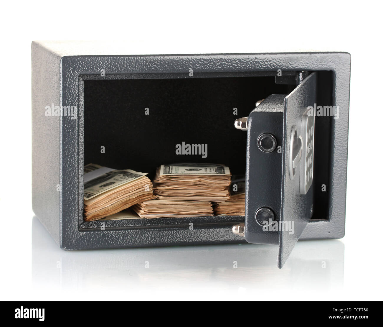 Money in open safe isolated on white Stock Photo - Alamy