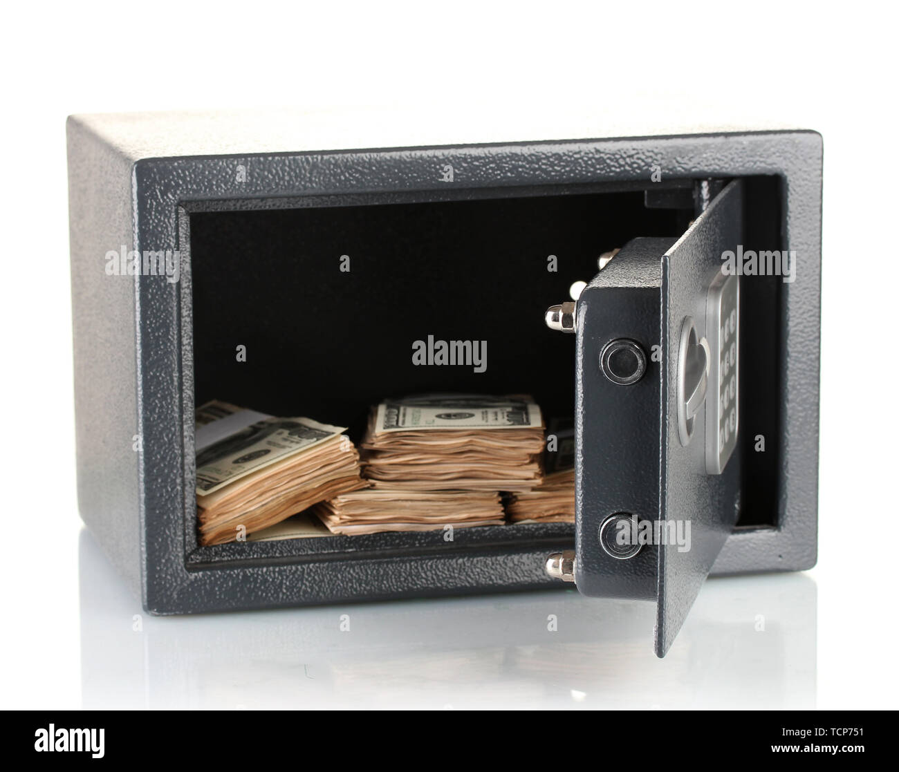 Money in open safe isolated on white Stock Photo - Alamy