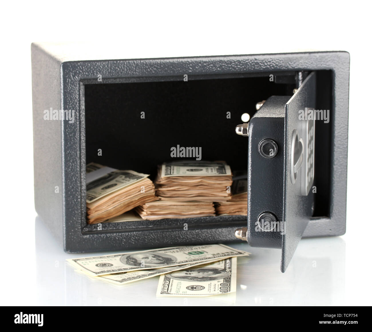 Money in open safe isolated on white Stock Photo - Alamy