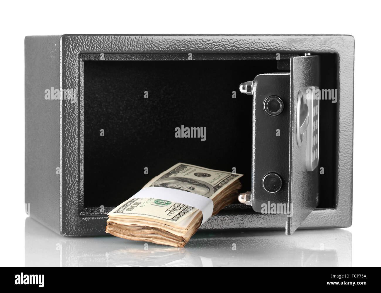 Money in open safe isolated on white Stock Photo - Alamy