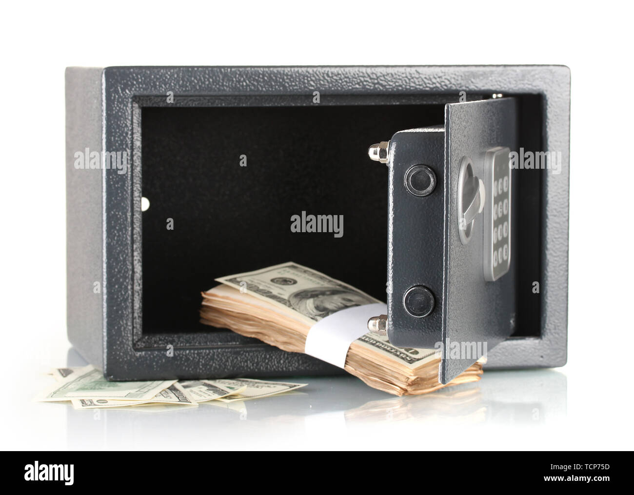 Money in open safe isolated on white Stock Photo - Alamy