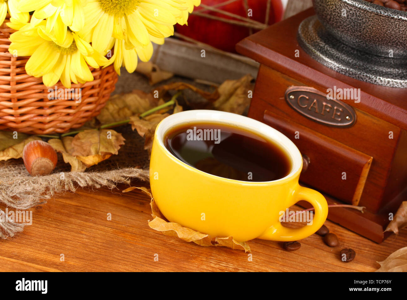 autumnal composition:coffee grinder, flowers and leaves on bright ...