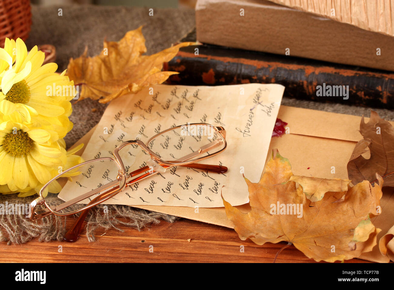 autumn background:romantic letter, glasses and leaves Stock Photo - Alamy