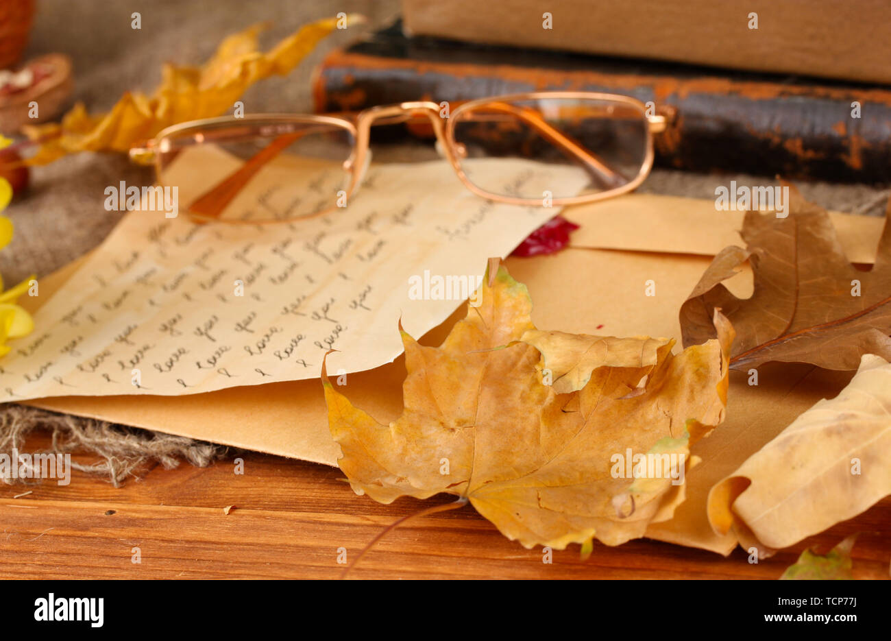 autumn background:romantic letter, glasses and leaves Stock Photo - Alamy
