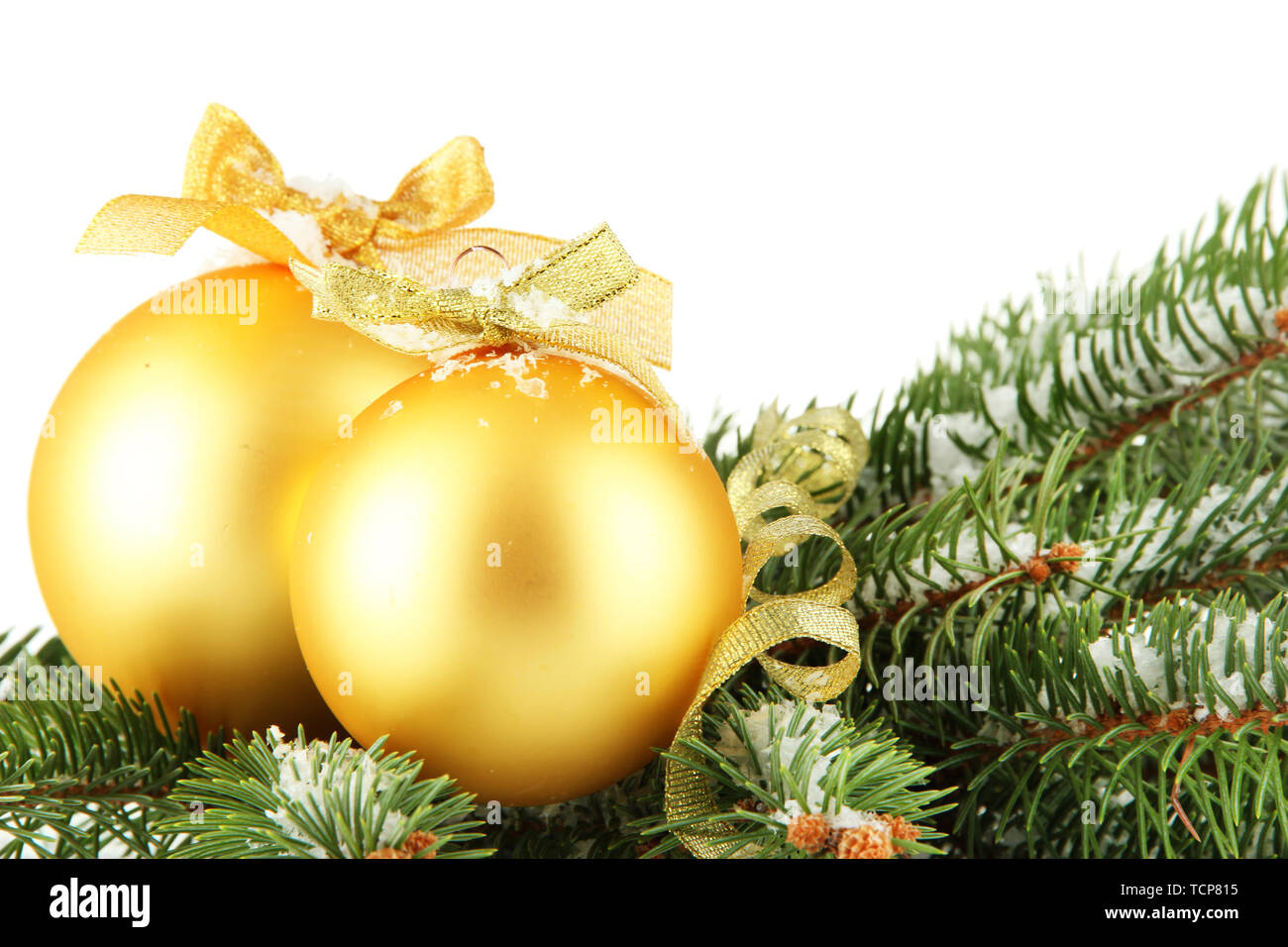 Christmas balls on fir tree with snow, isolated on white Stock Photo ...
