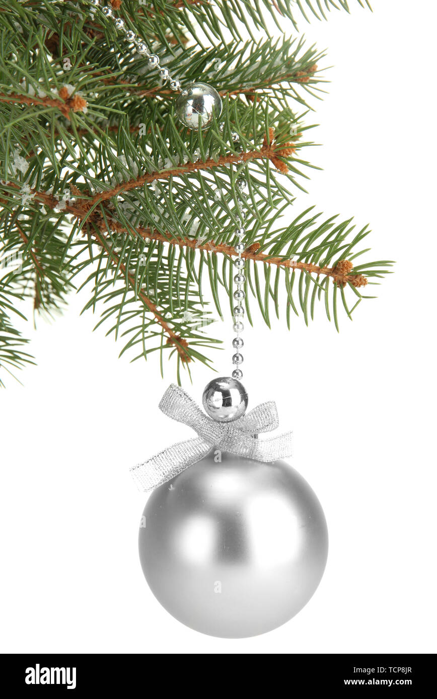 Christmas ball on fir tree, isolated on white Stock Photo - Alamy