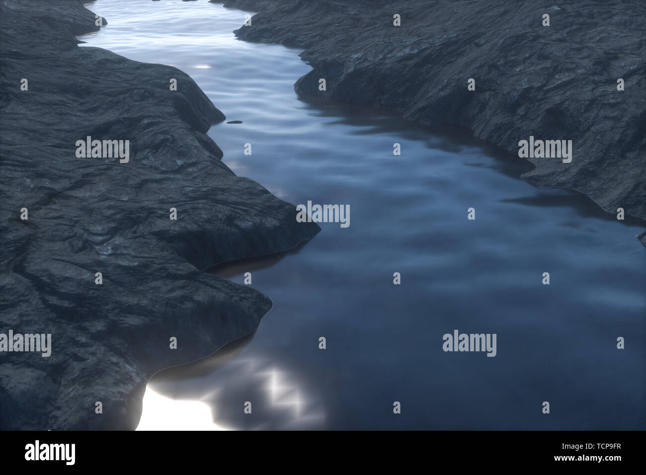 The river between the mountains in the morning, 3d rendering. Computer ...