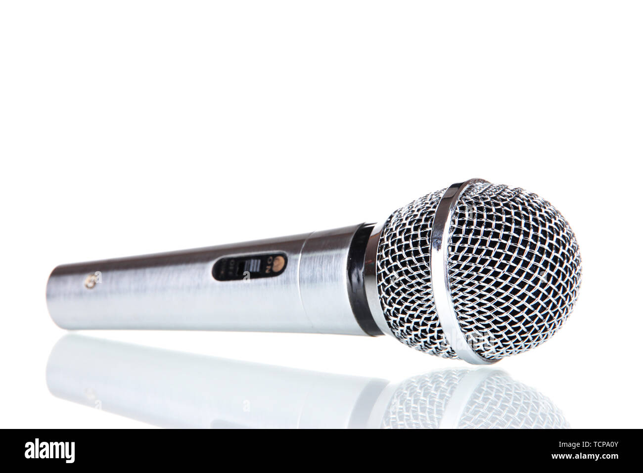 Silver microphone isolated on white Stock Photo - Alamy