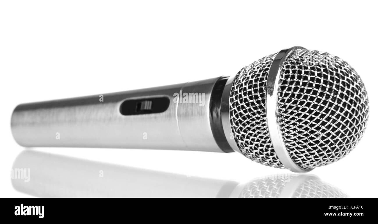 Silver microphone isolated on white Stock Photo - Alamy