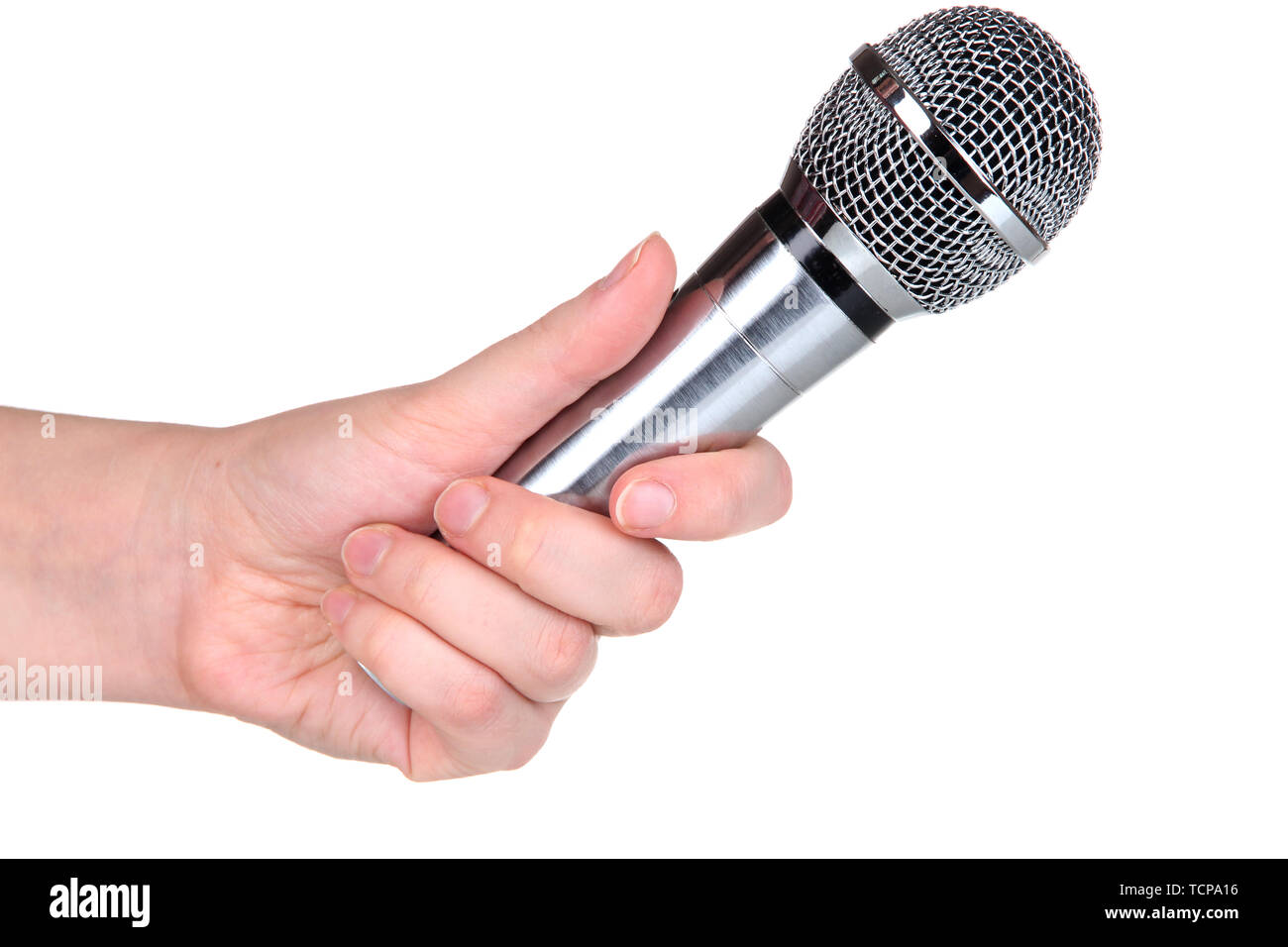 Silver microphone in hand isolated on white Stock Photo - Alamy