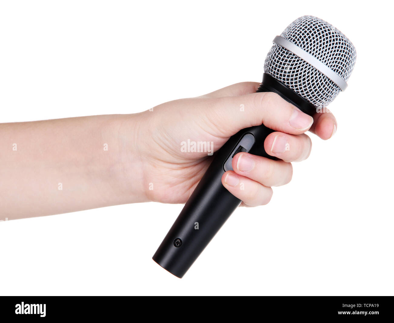 Black microphone in hand isolated on white Stock Photo - Alamy