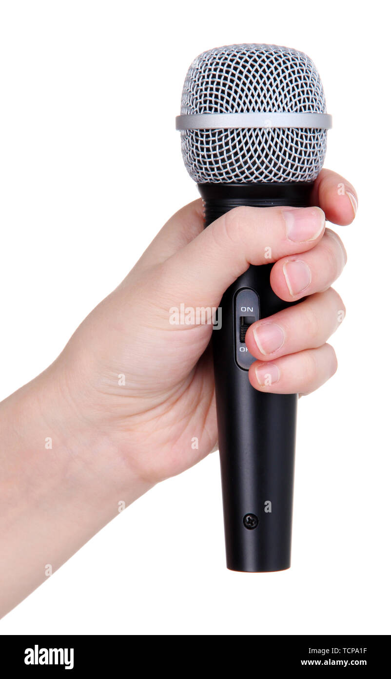 Black microphone in hand isolated on white Stock Photo - Alamy