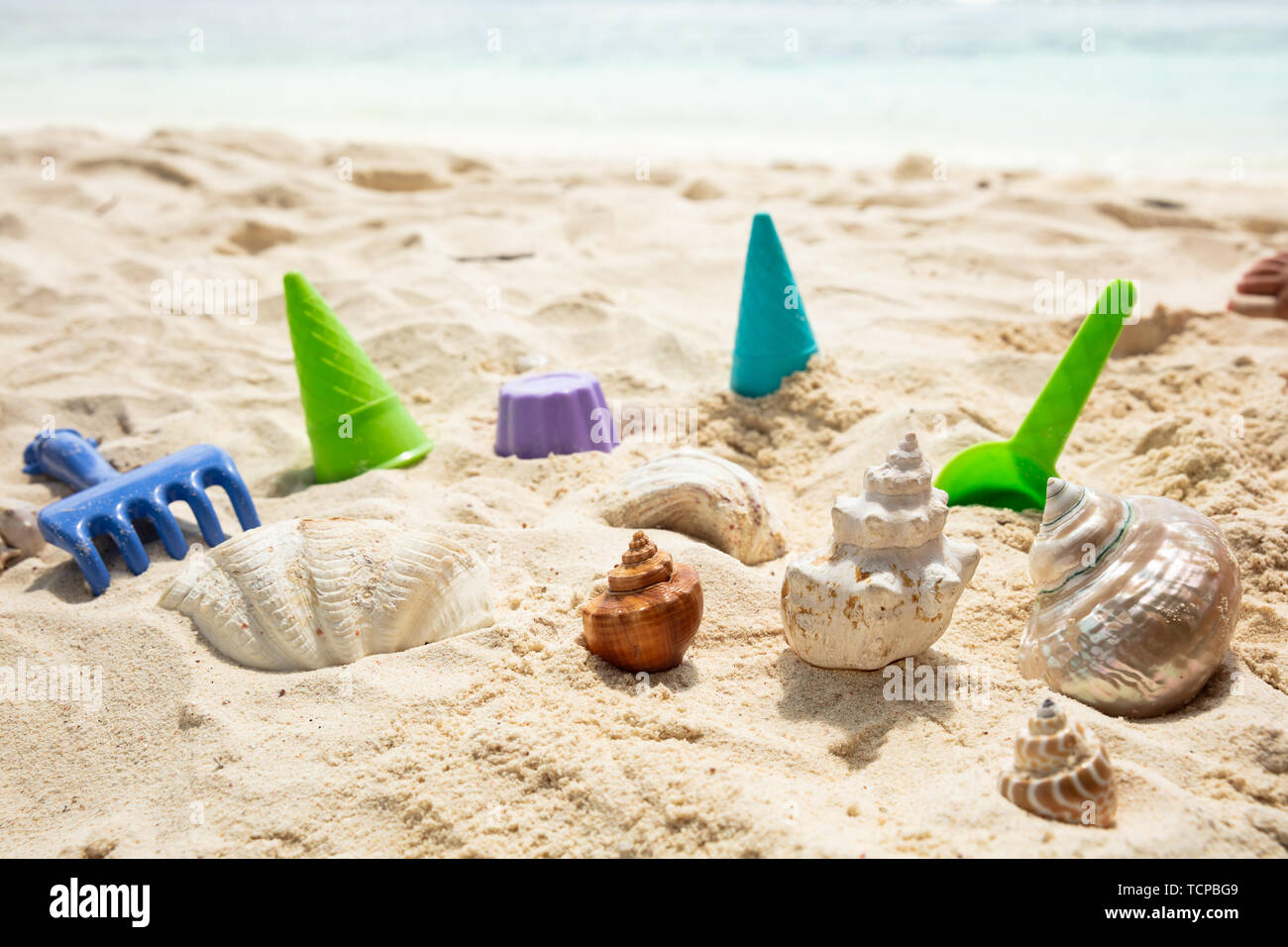 Plastic Toys And Seashells On Sand At Beach Stock Photo - Alamy