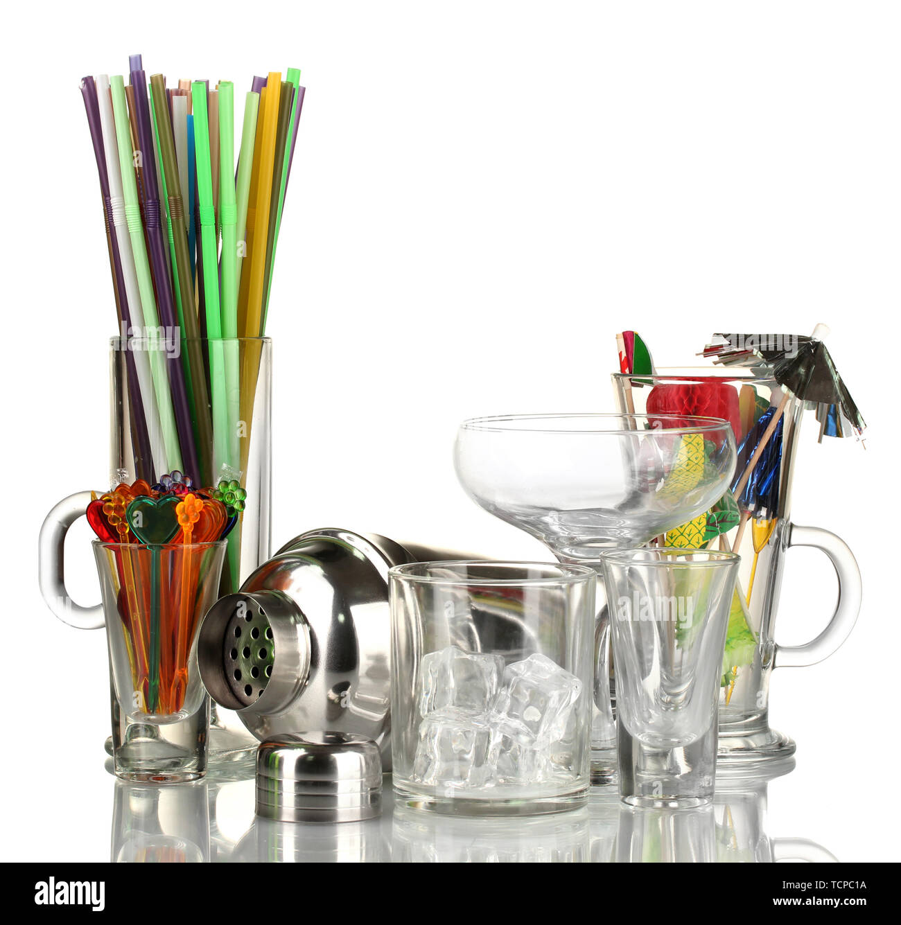 Cocktail shaker and other bartender equipment on color background Stock ...