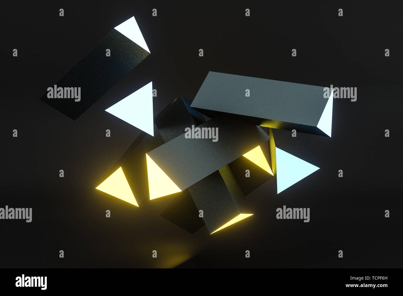 Three-dimensional rendering, glowing triangular columns against dark ...
