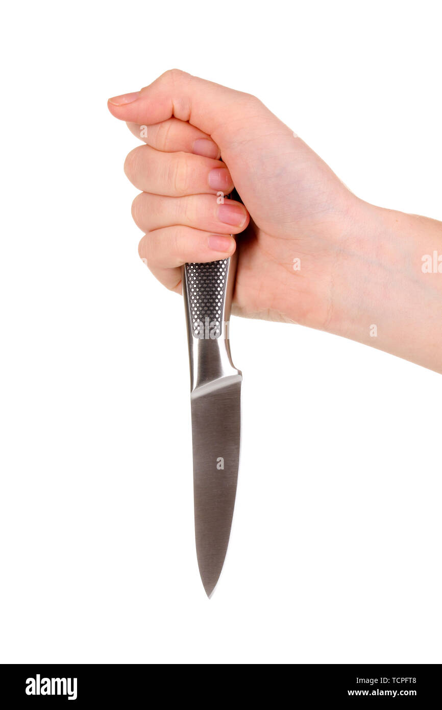 Human hand with kitchen knife isolated on white Stock Photo - Alamy