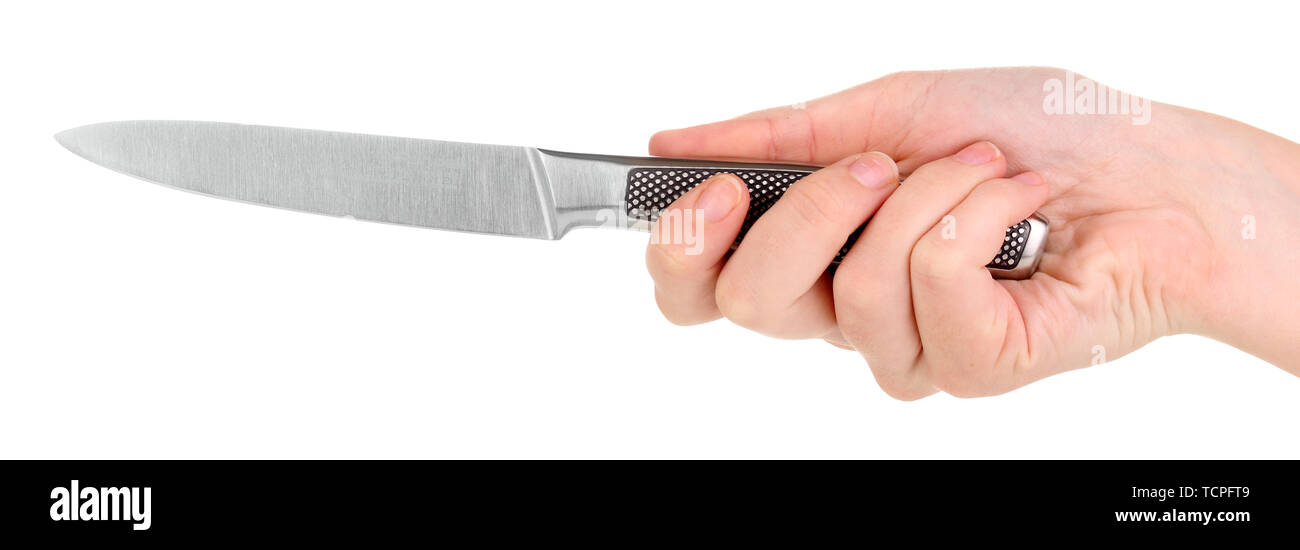 Human hand with kitchen knife isolated on white Stock Photo - Alamy