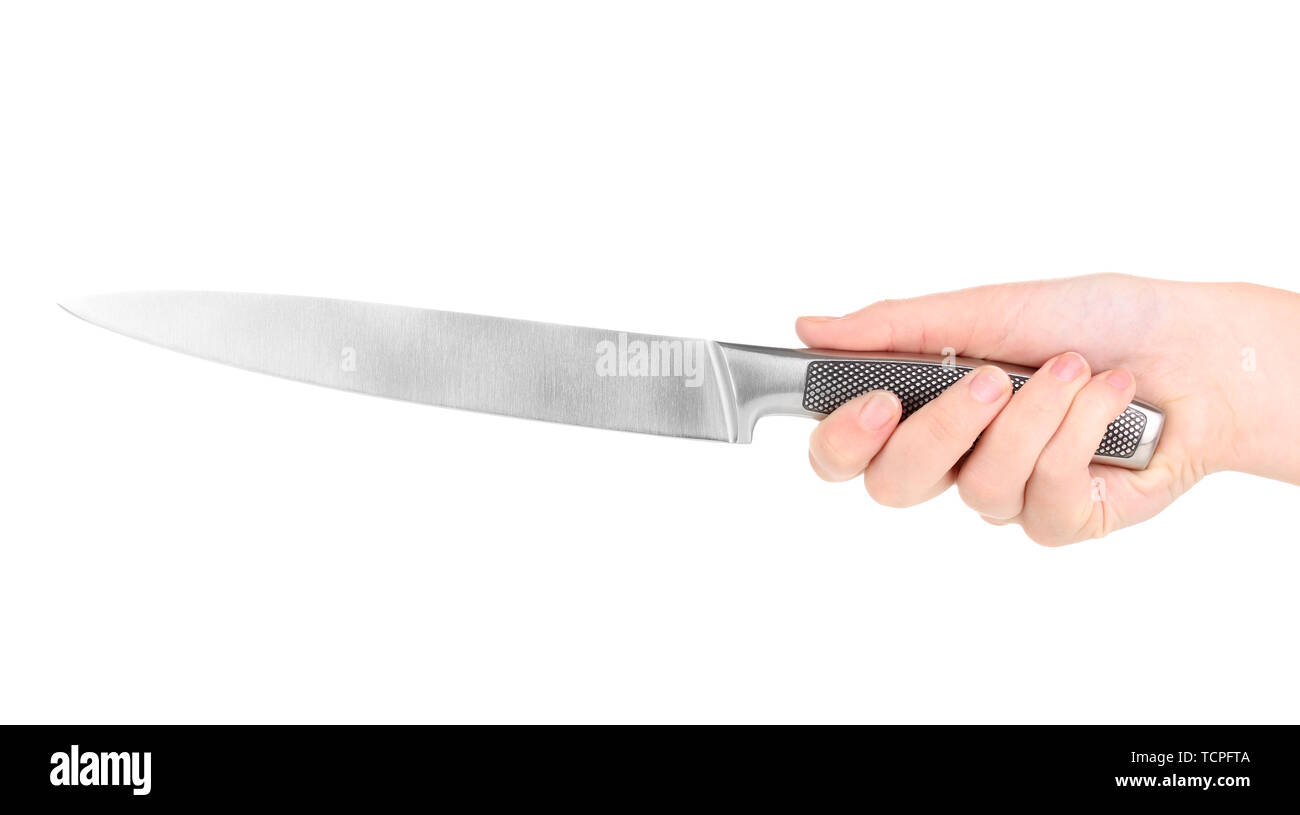Human hand with kitchen knife isolated on white Stock Photo - Alamy