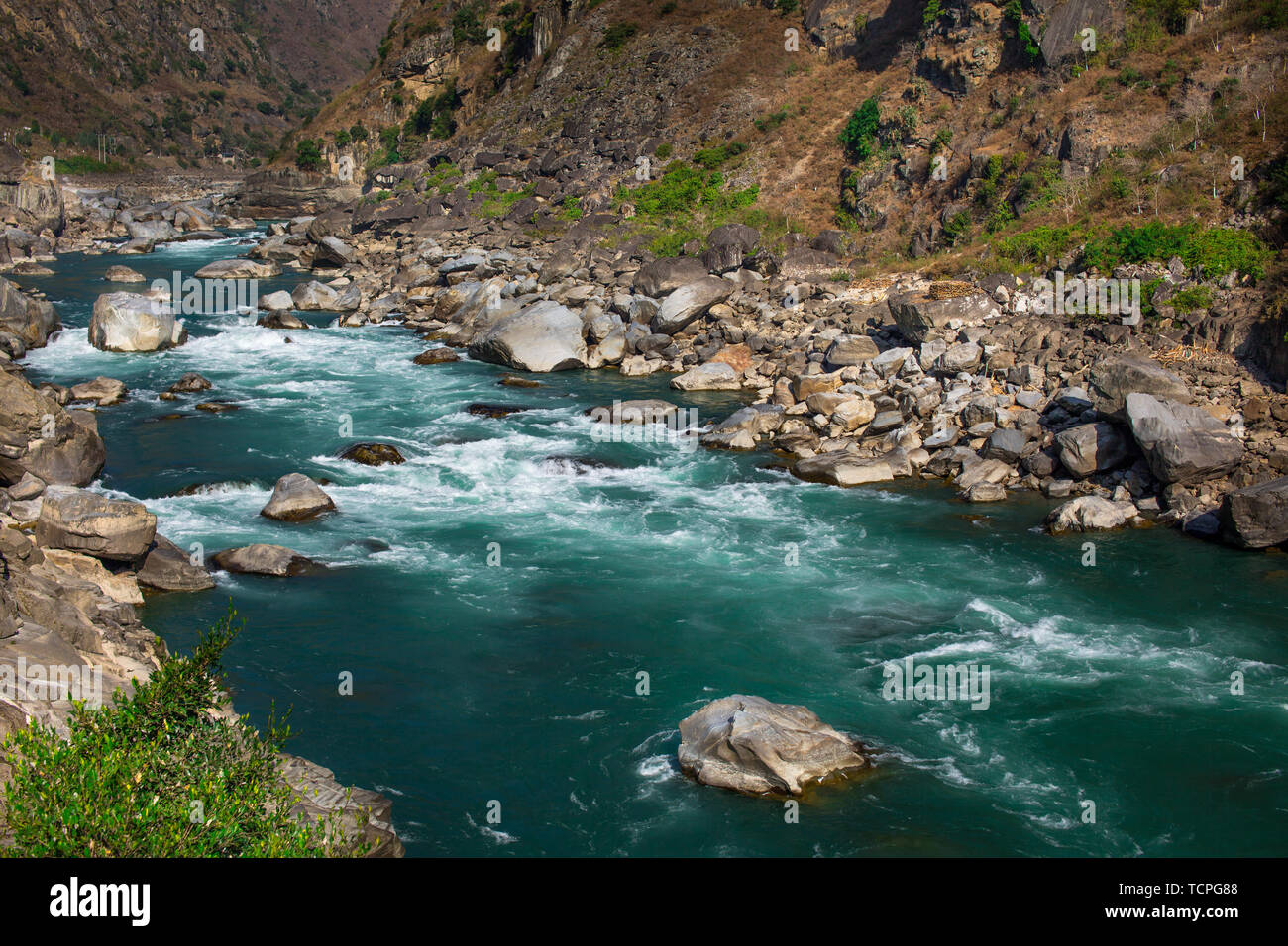 The water of the Nu River in winter is green and the best scenery Stock ...
