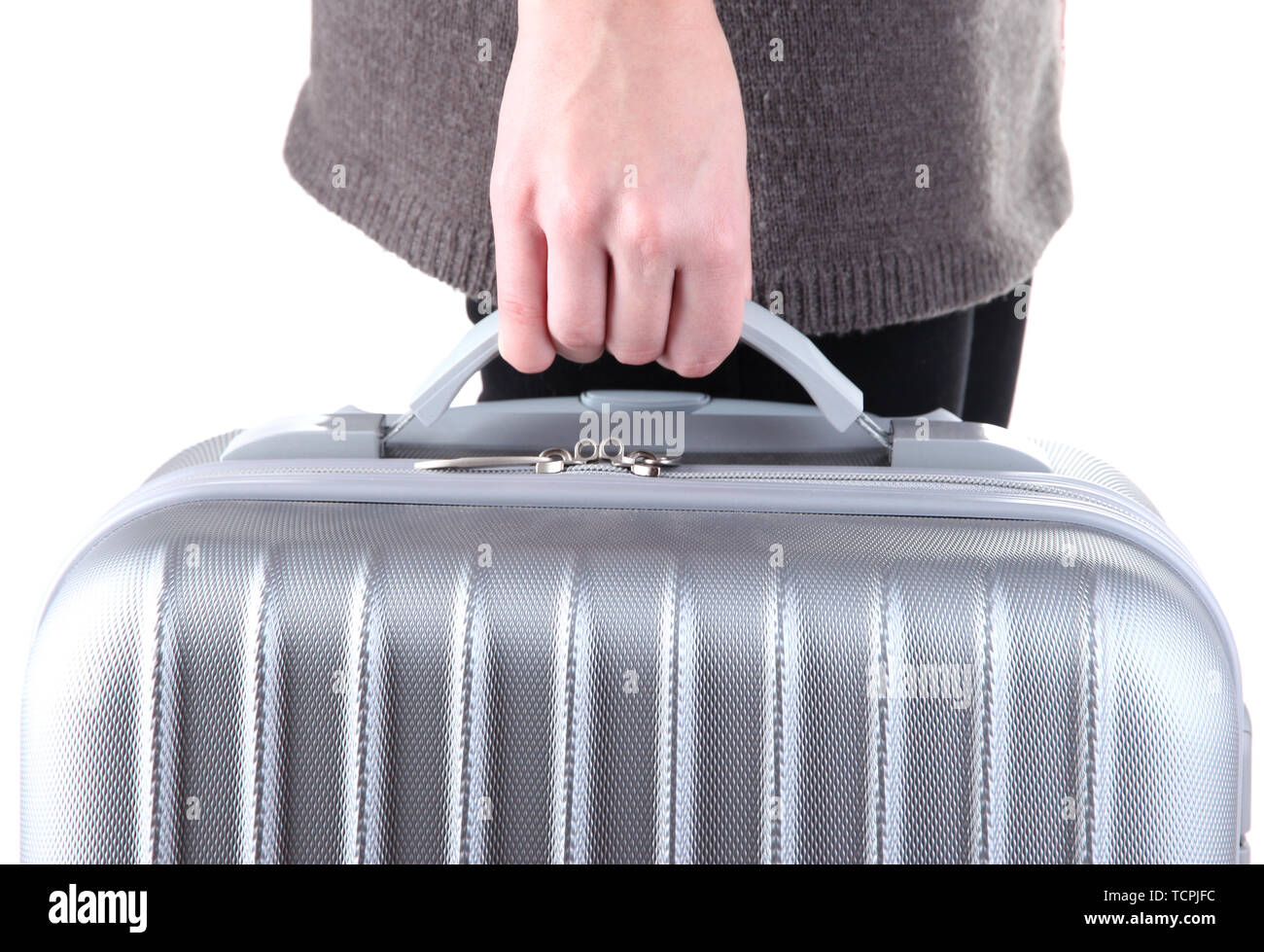 Holding suitcase in hand isolated on white Stock Photo - Alamy