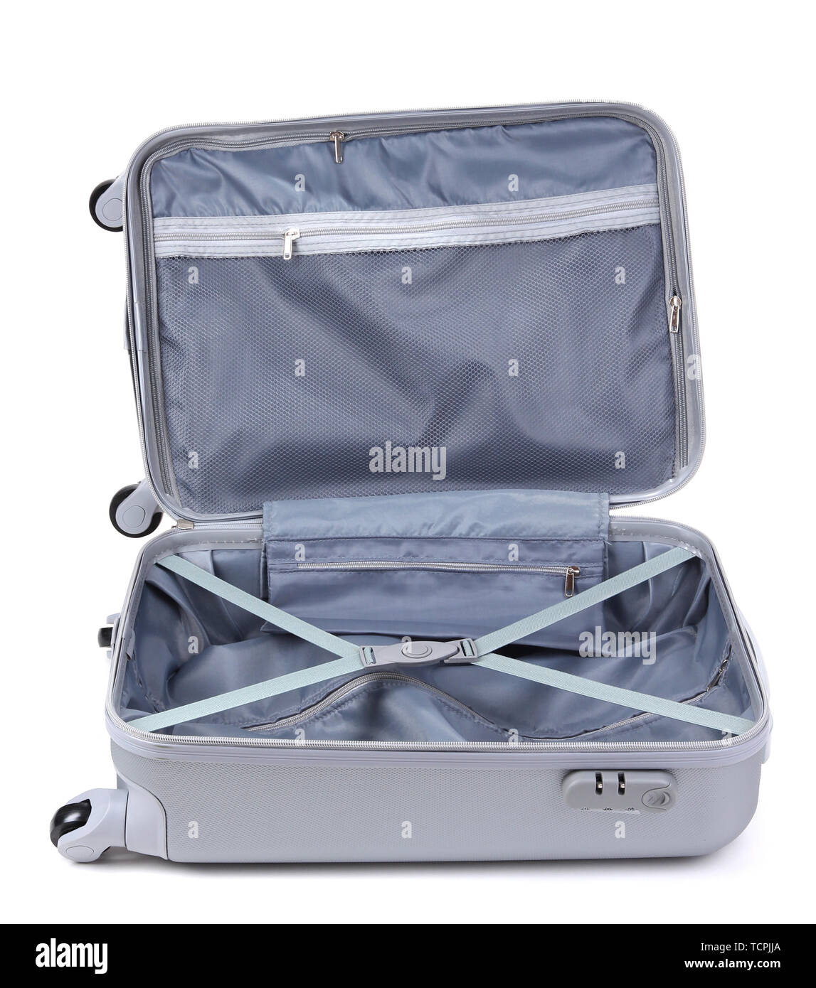 Open silver suitcase isolated on white Stock Photo - Alamy