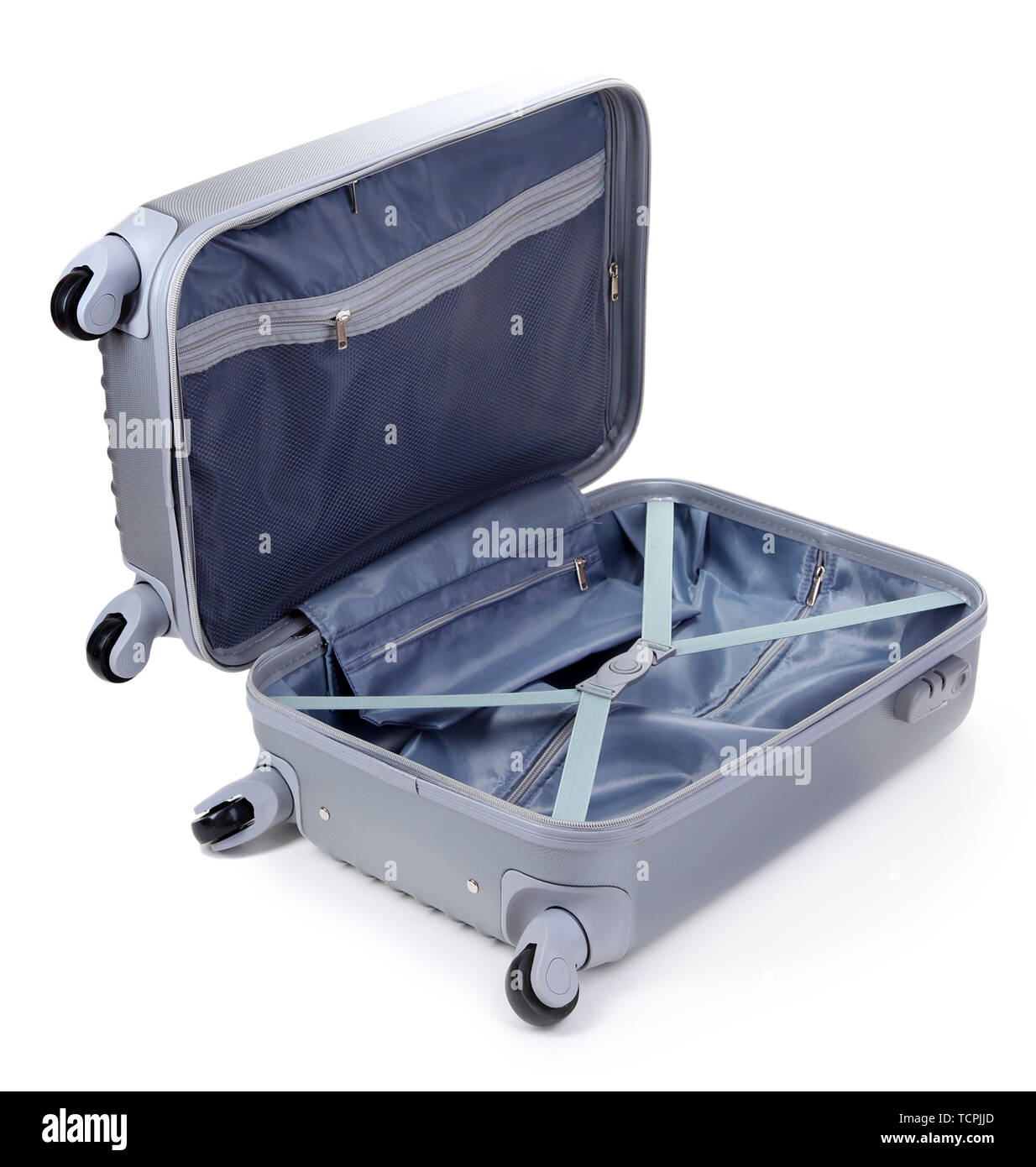 Open silver suitcase isolated on white Stock Photo - Alamy