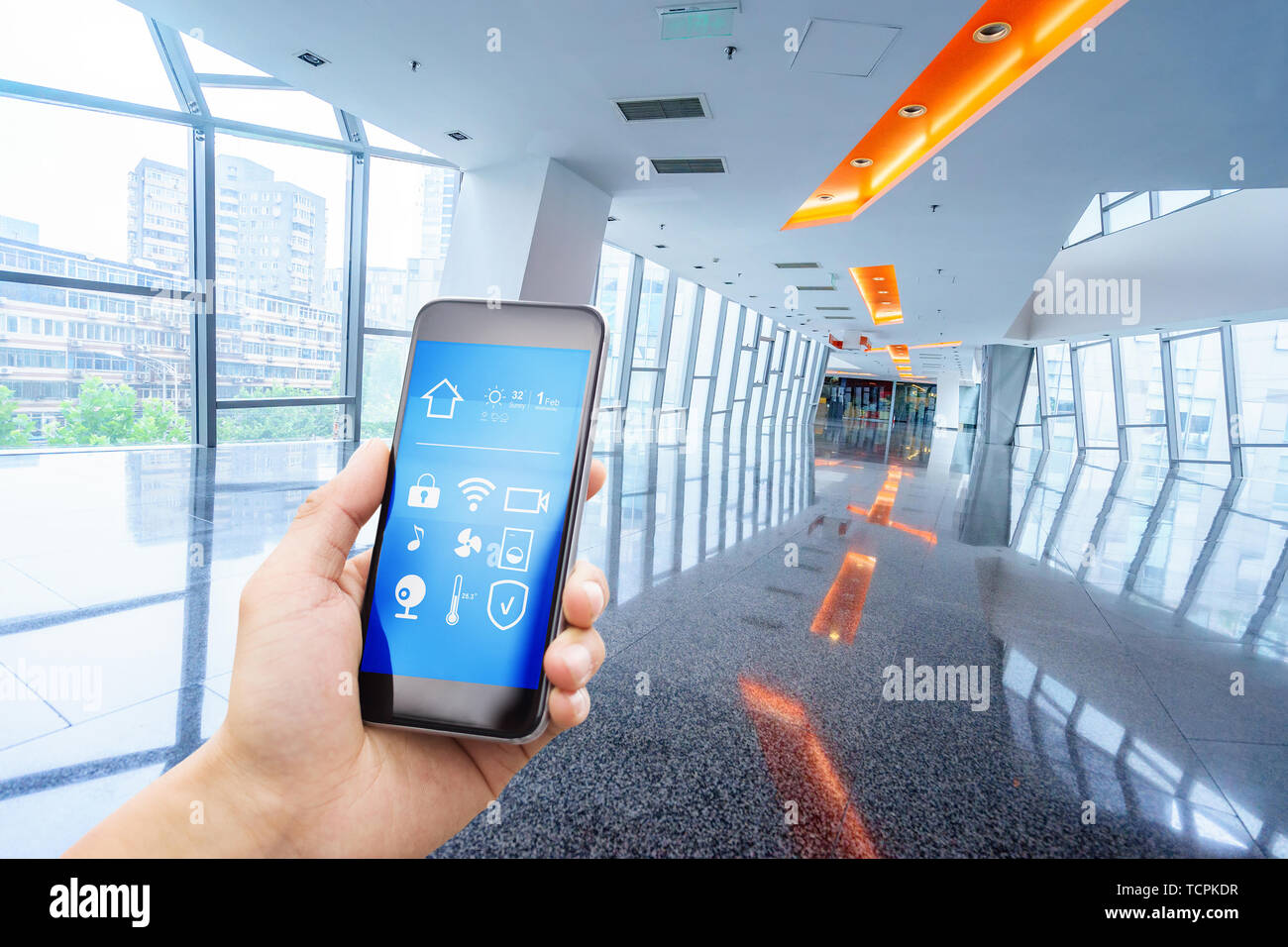 smart phone with smart home with modern corridor Stock Photo - Alamy