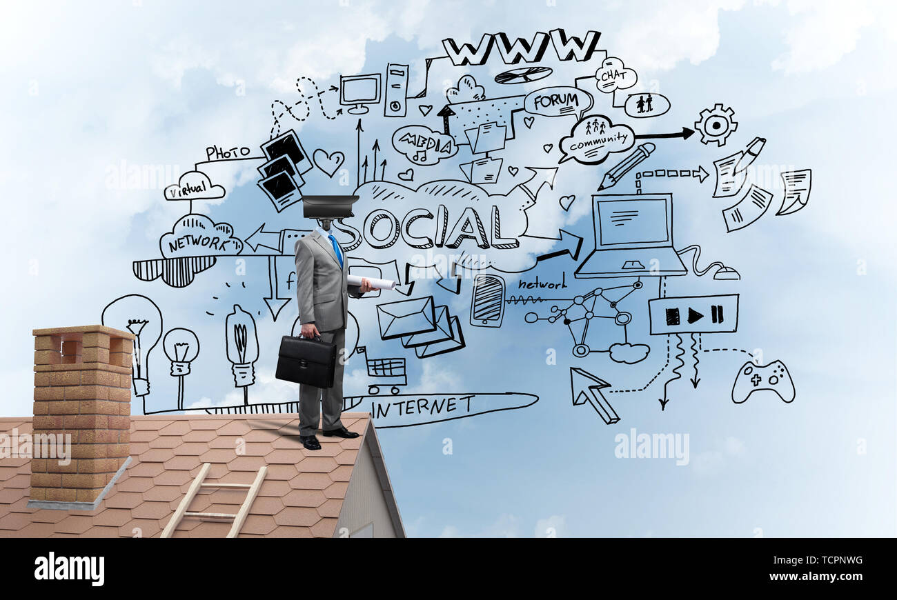 Concept of home security and privacy protection with camera headed man ...