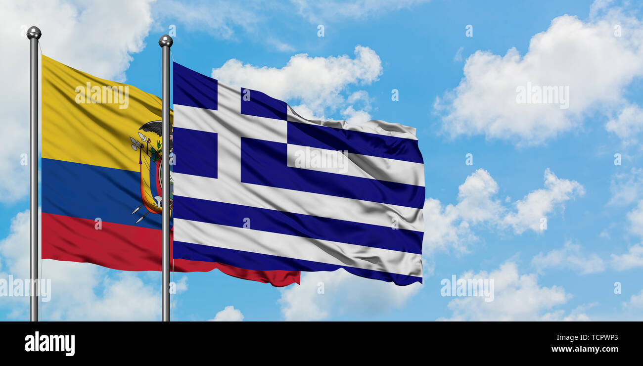 Ecuador and Greece flag waving in the wind against white cloudy blue ...