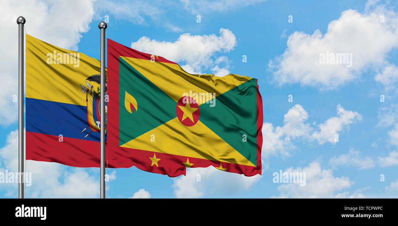 Ecuador and Grenada flag waving in the wind against white cloudy blue ...
