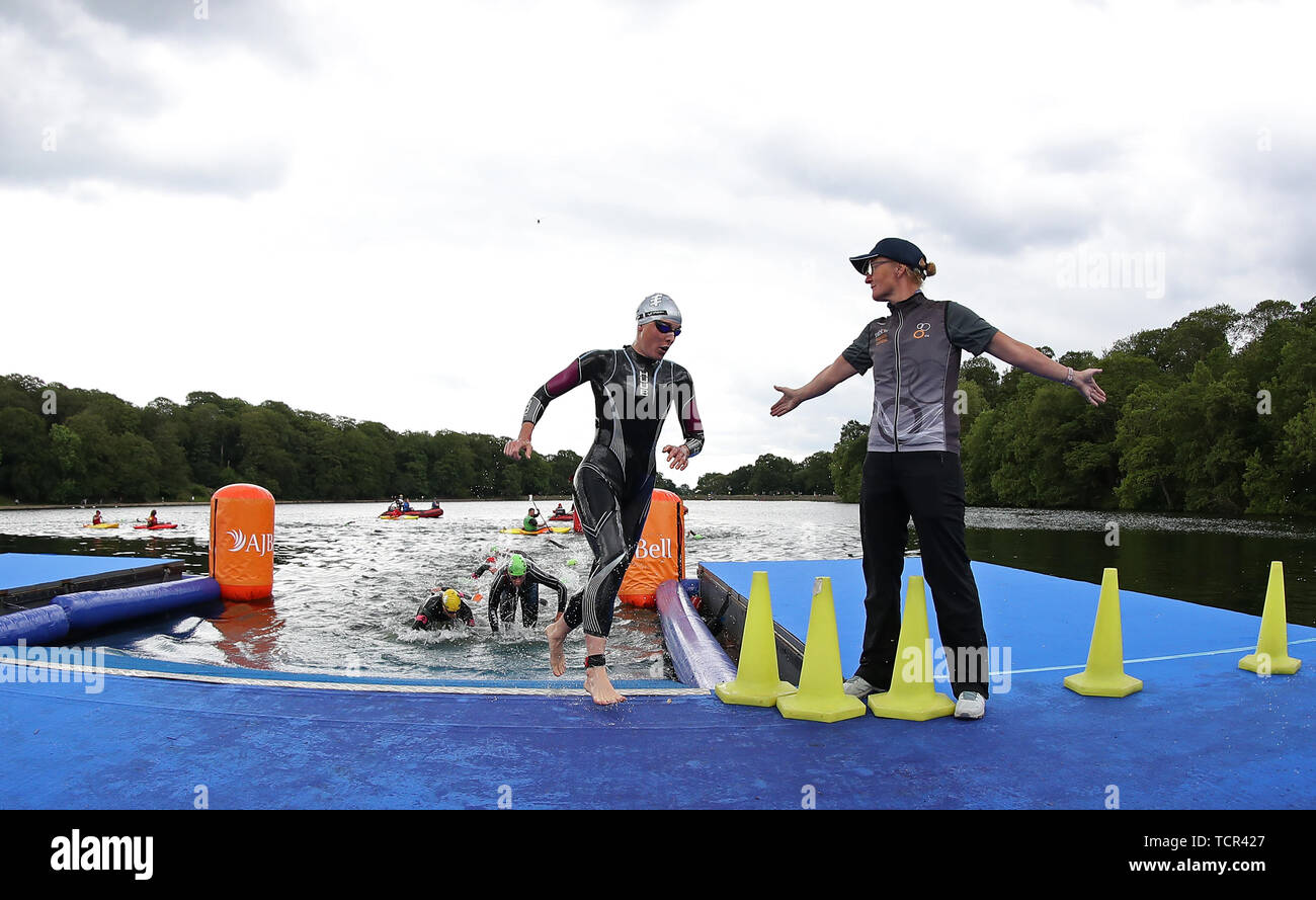 Jessica Learmonth exits the water during the Elite Women's race during ...