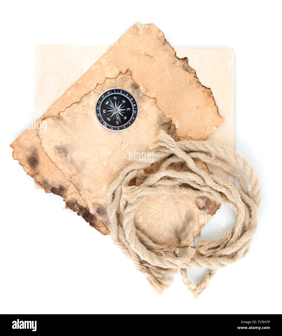 Old paper with compass and rope isolated on white Stock Photo - Alamy
