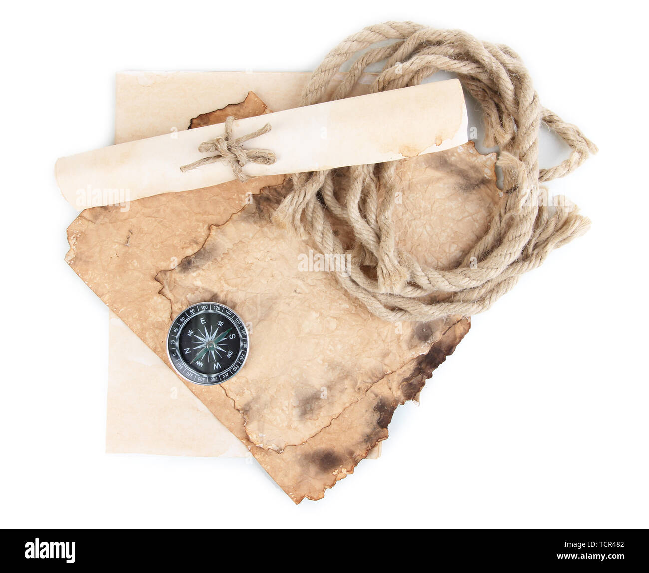 Old paper, compass, scroll and rope isolated on white Stock Photo - Alamy