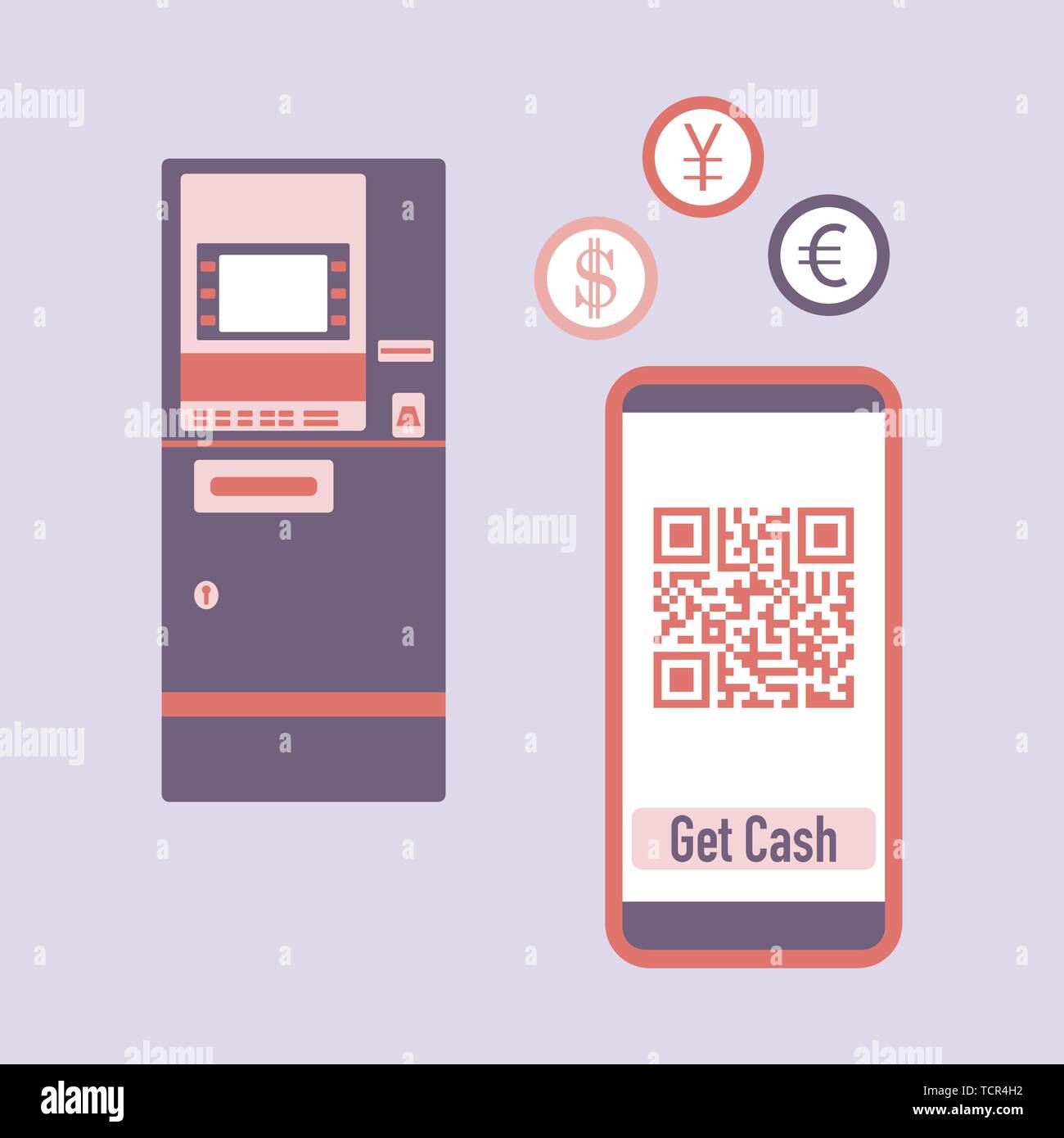 Vector illustration with phone with qr code, ATM cash withdrawal ...