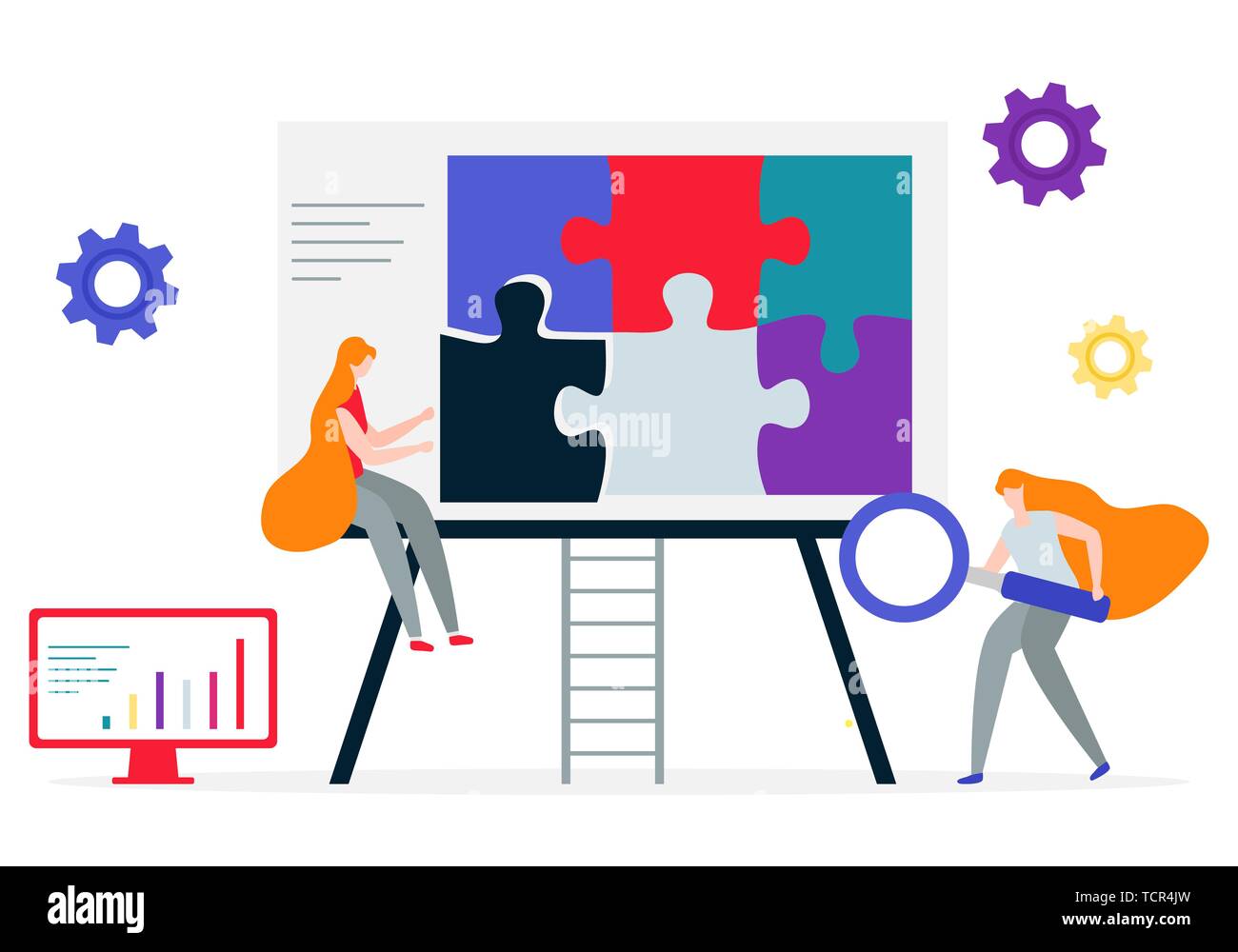 Vector illustration with people connect puzzle elements. Teamwork ...