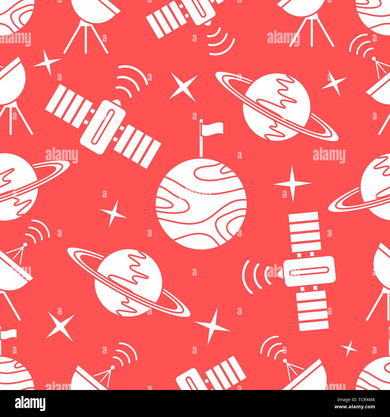 Seamless vector pattern with planets, Saturn, stars, orbital station ...