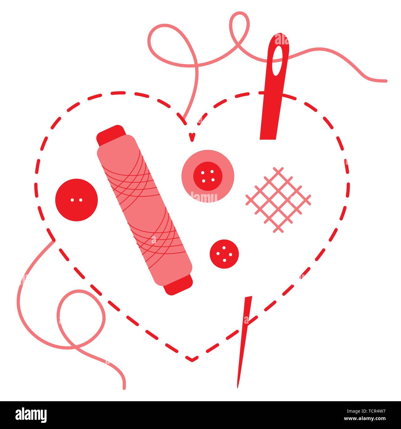 Vector illustration with heart stitches, needle with thread, buttons ...