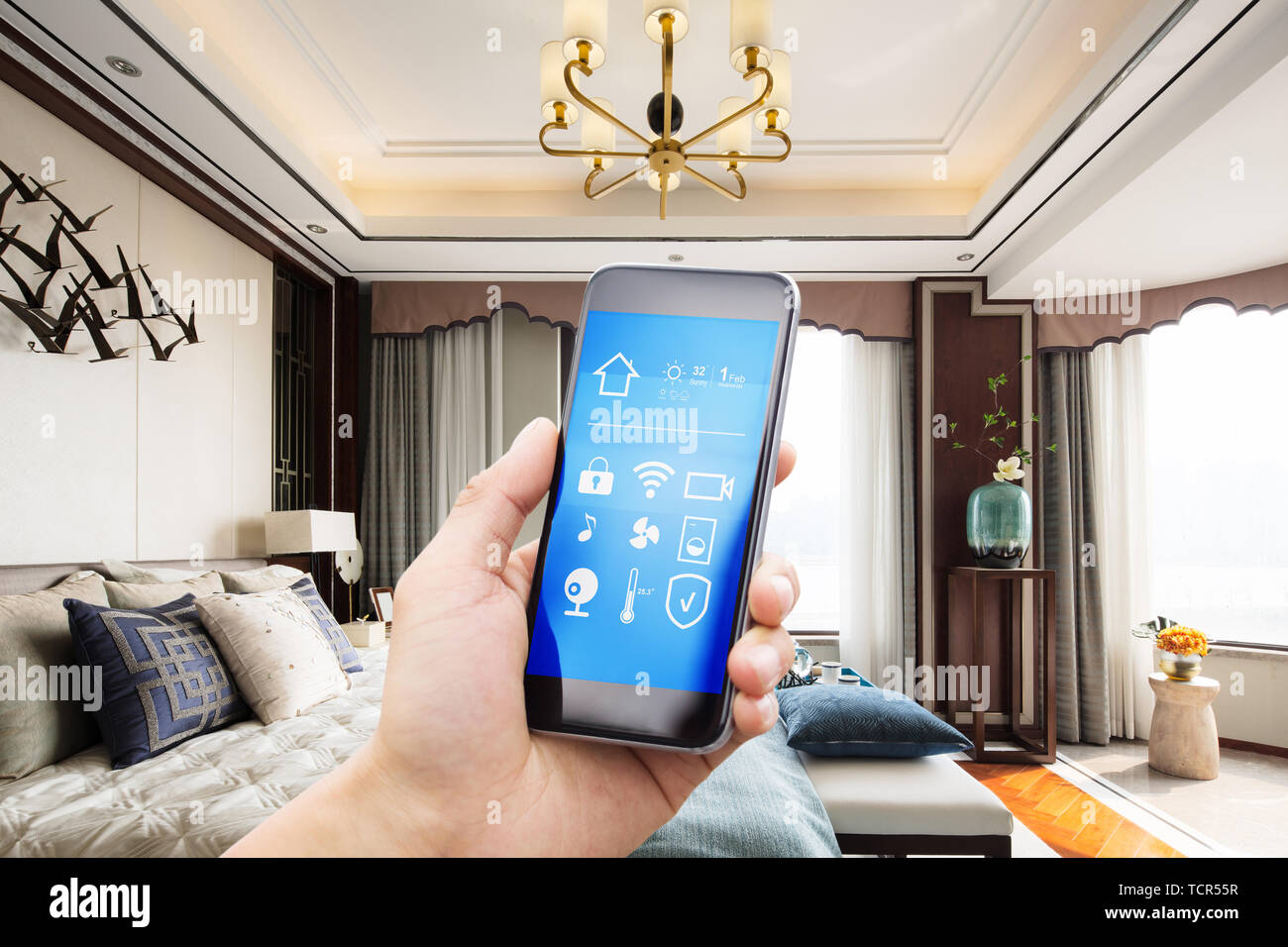 smart phone with smart home with modern bedroom Stock Photo - Alamy