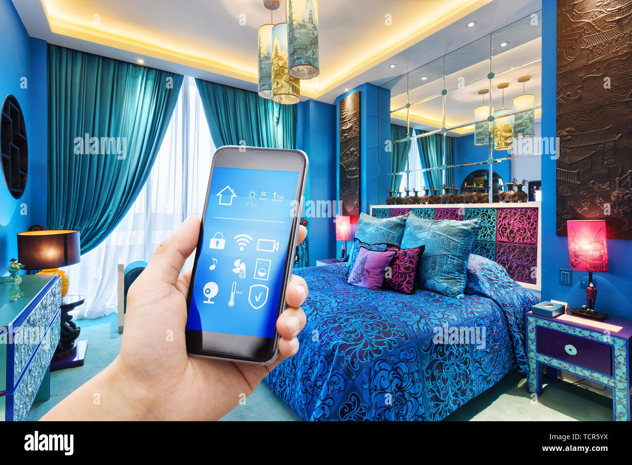 smart phone with smart home with modern bedroom Stock Photo - Alamy