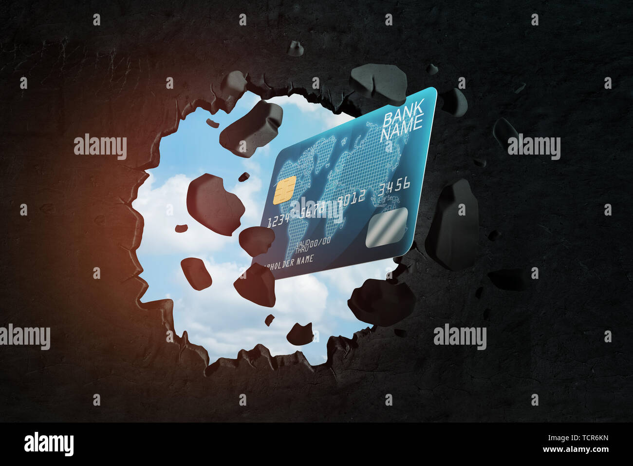 3d closeup rendering of blue plastic credit card breaking hole in black ...