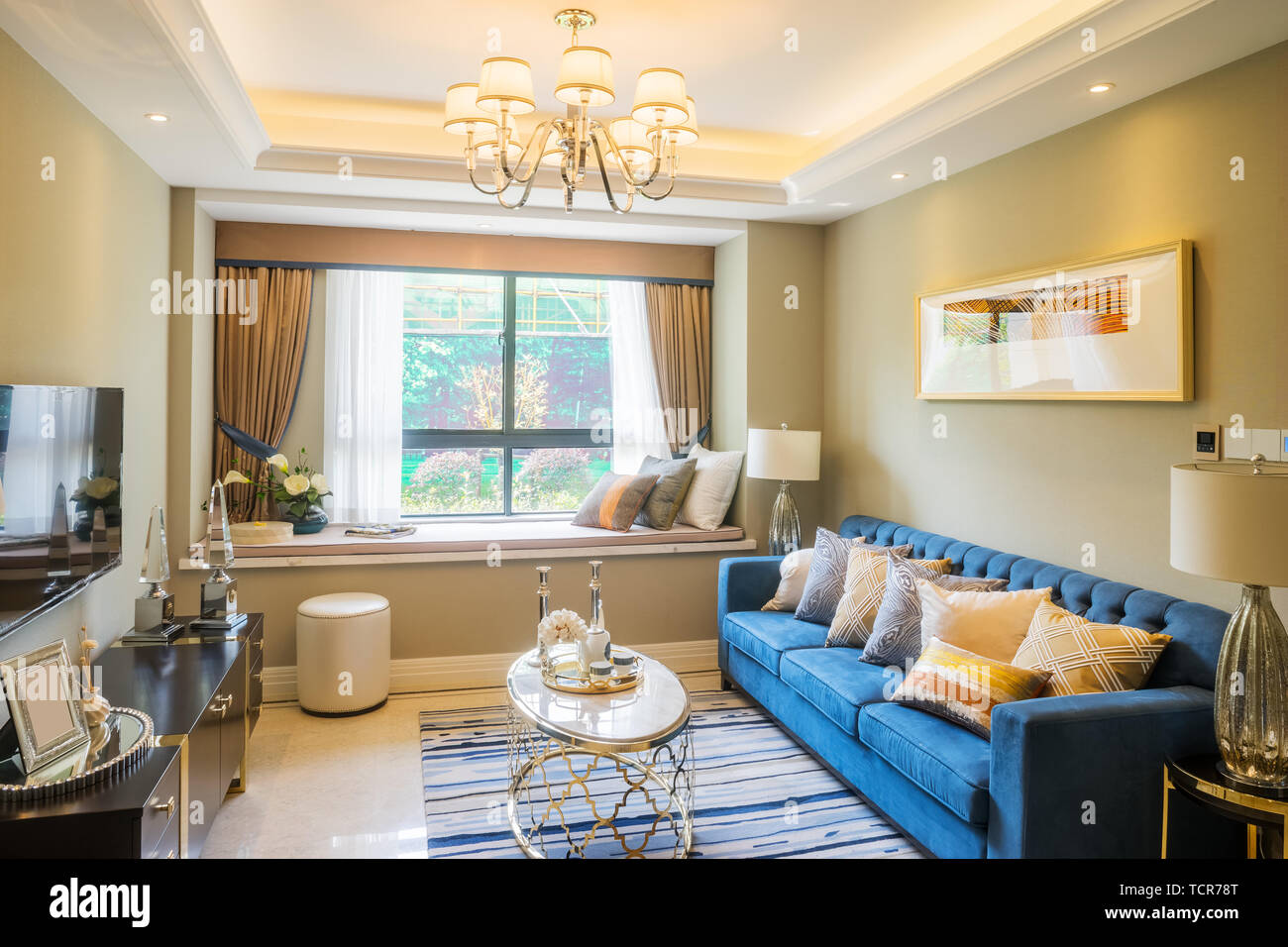 interior of living room with big window and beautiful couch Stock Photo ...