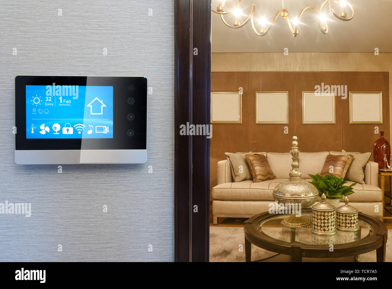 smart screen with smart home with modern living room Stock Photo - Alamy