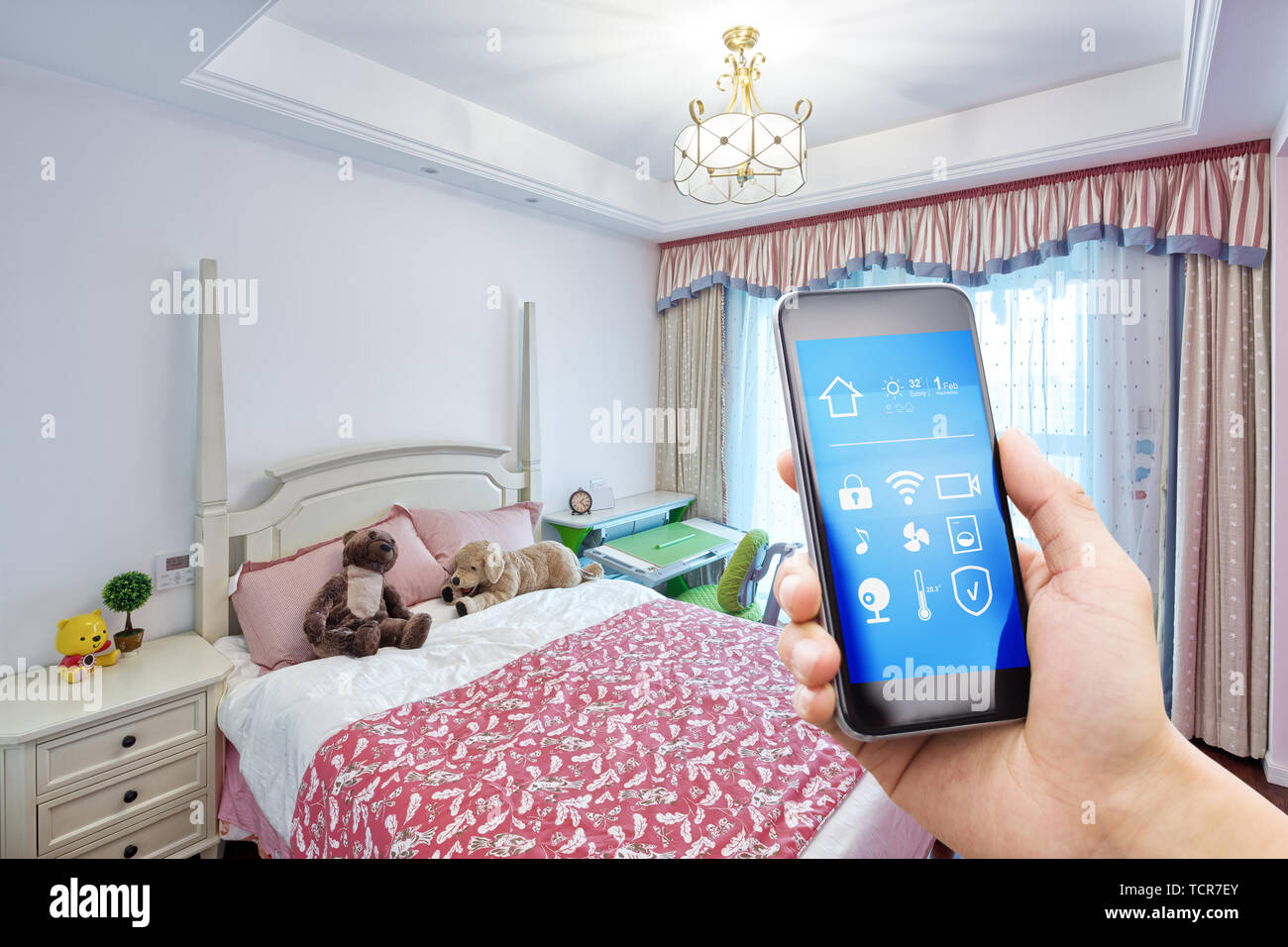 smart phone with smart home with modern bedroom Stock Photo - Alamy