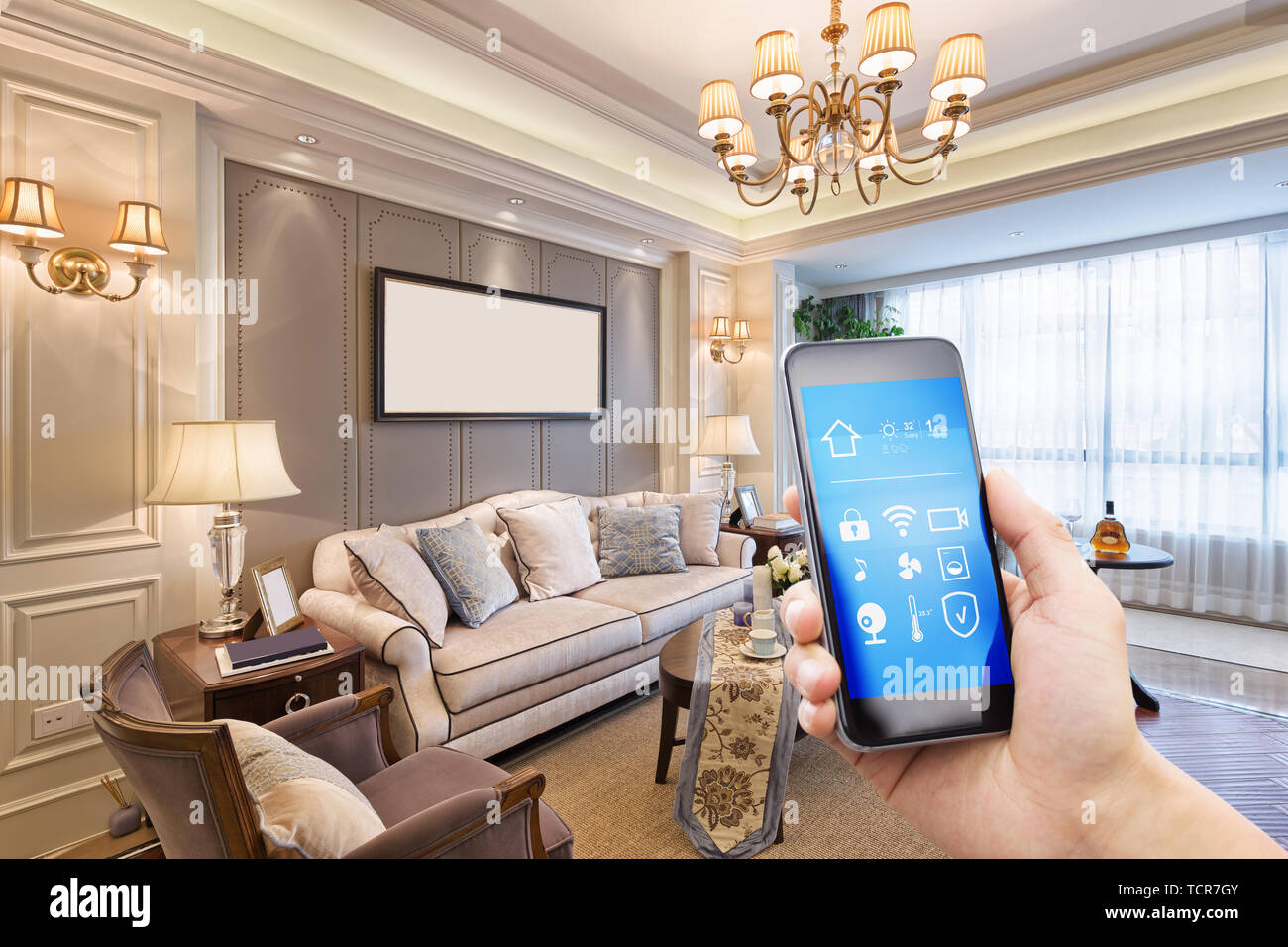 smart phone with smart home and modern living room Stock Photo - Alamy