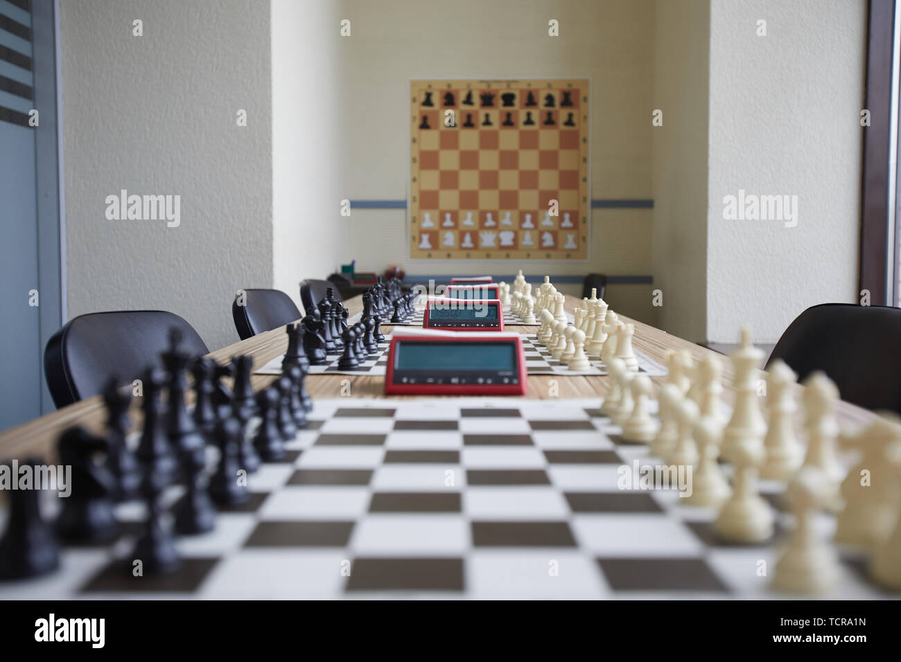 Well organized chess classroom at chess club in perfect order before ...