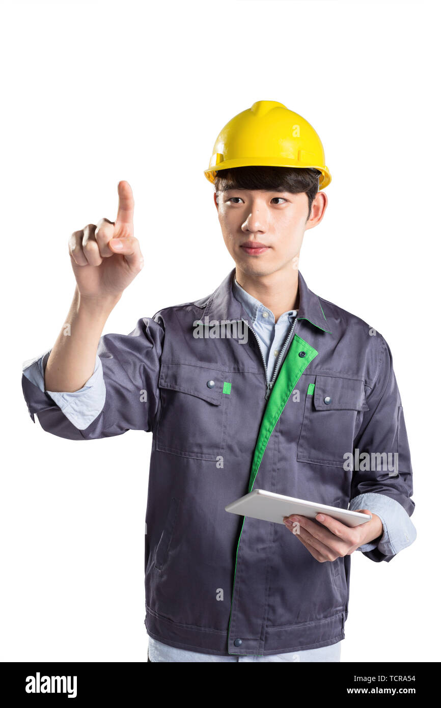 isolated young handsome asian technician on white background Stock ...