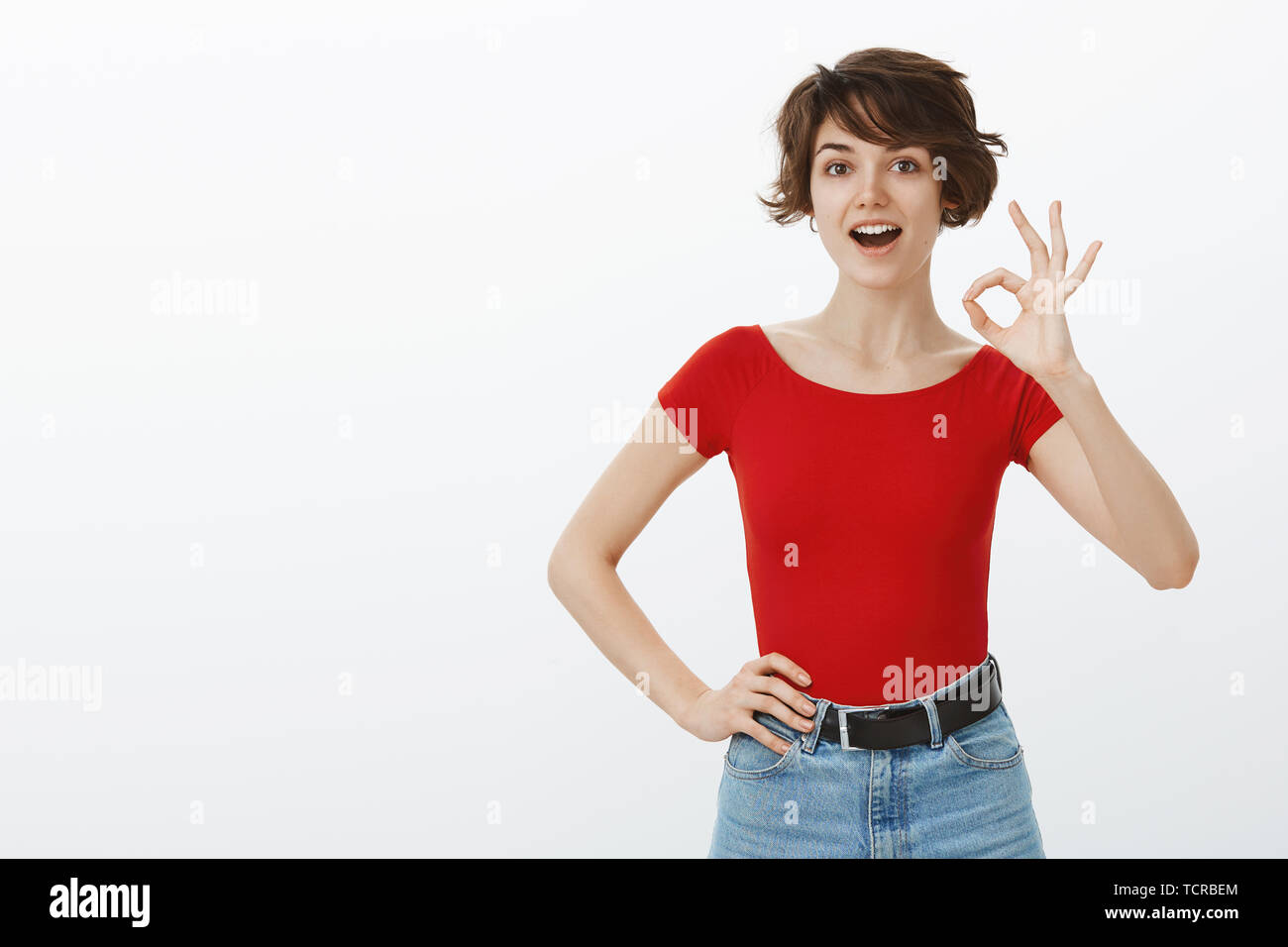 Okay got it. Motivated good-looking stylish woman short pixie haircut ...