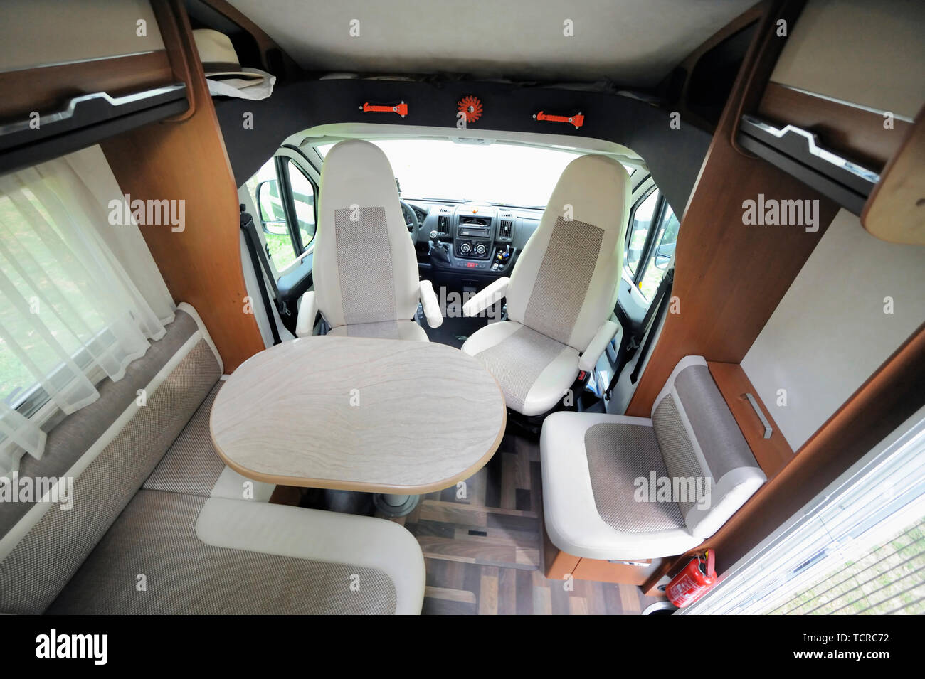 Camper Cabin Interior With Rotating Seats in Recreation Vehicle Stock ...